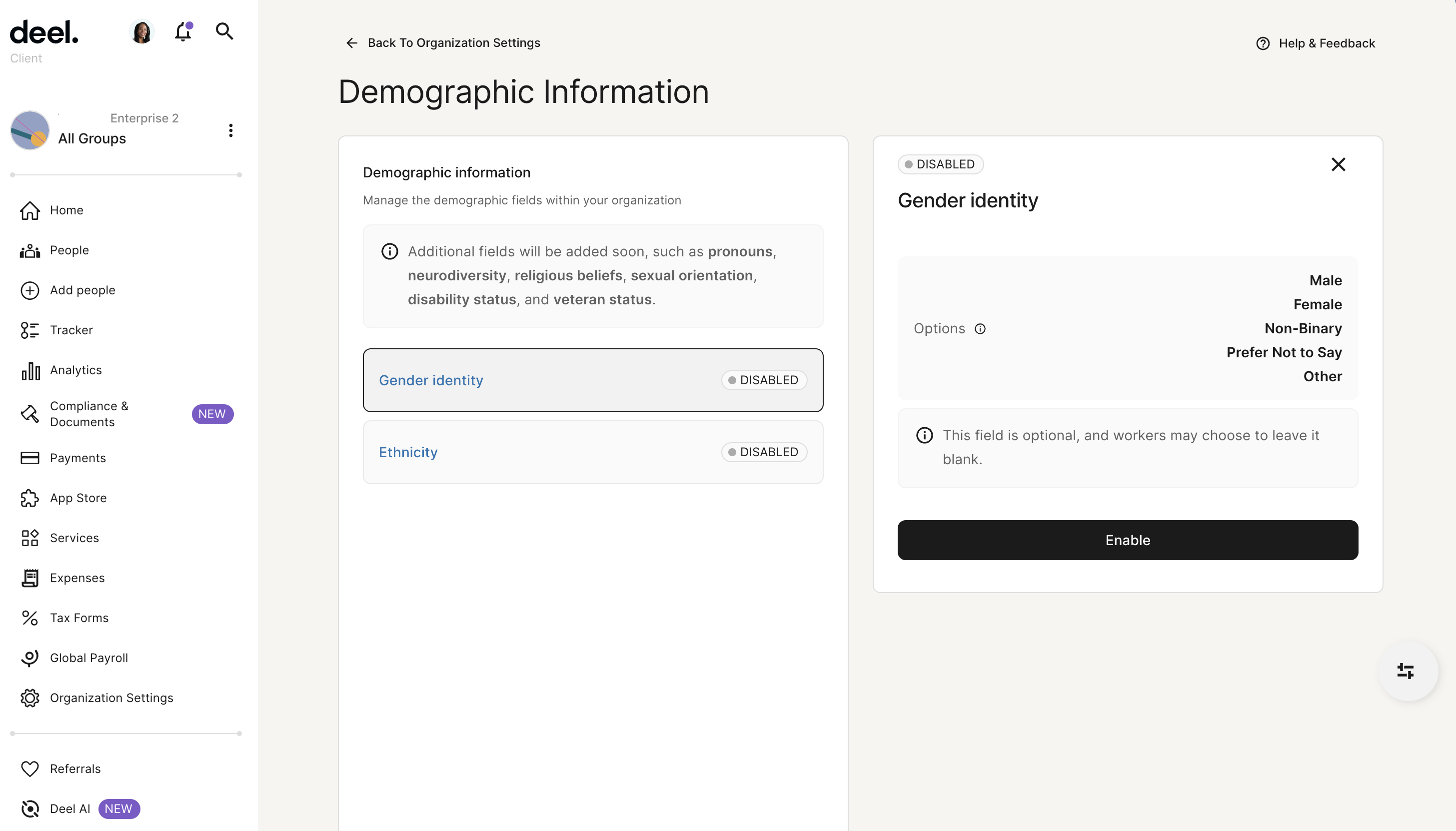 How to enable Demographic Information Fields – Deel