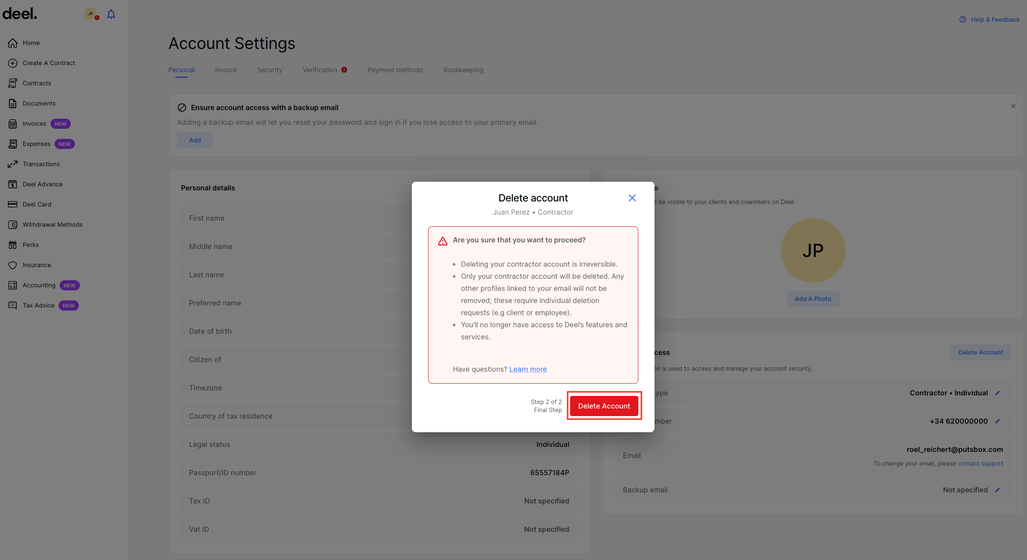 Contractor Account Overview – Deel