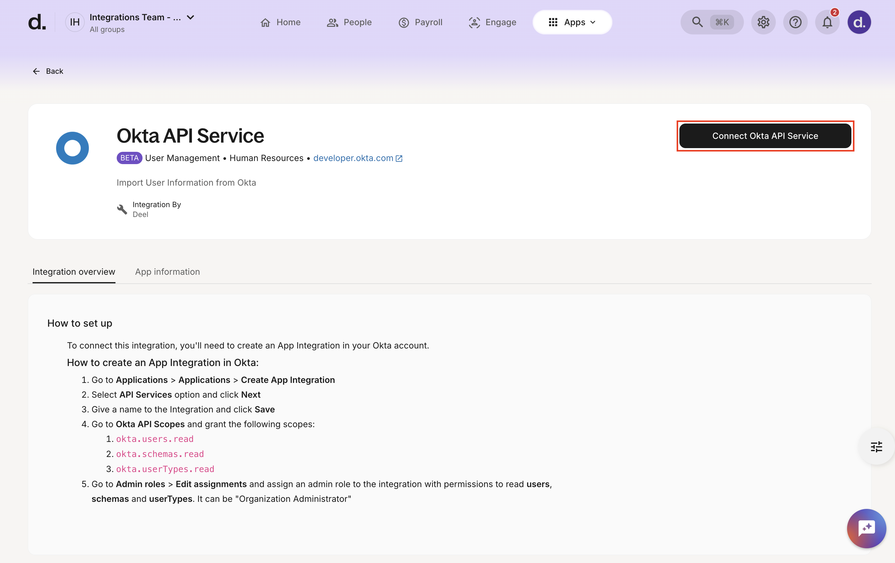 Okta API Service integration guide – Deel